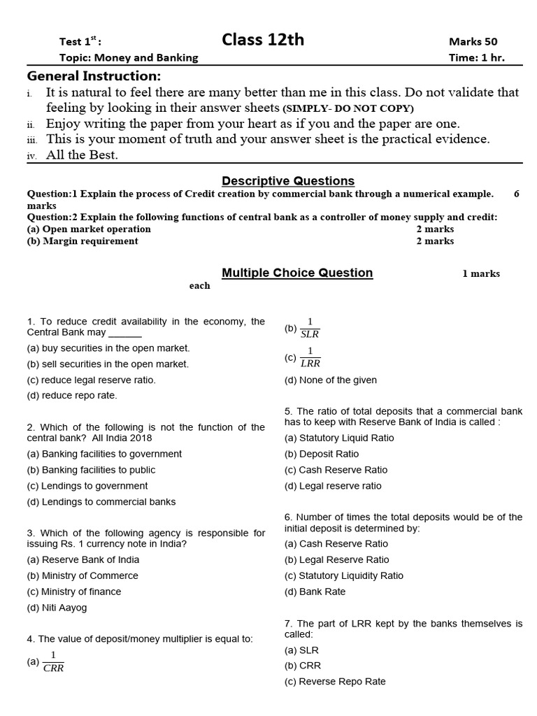 Money and Banking Exam Questions | PDF | Reserve Bank Of India | Banks
