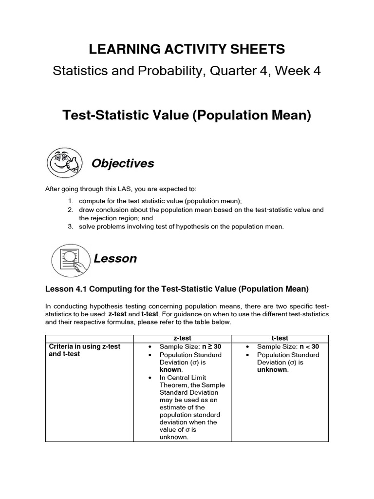 LAS Stat Prob Q4 Wk4 Test-Statistic-Value-Population-Mean | PDF ...