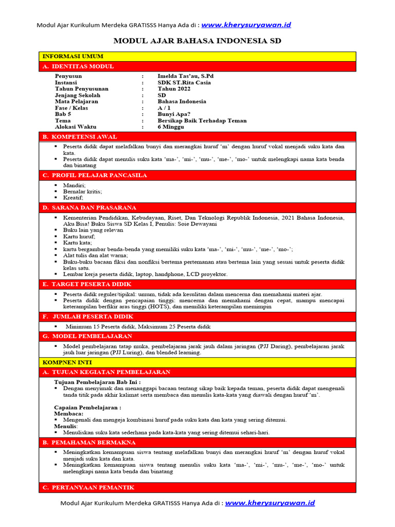 Modul Ajar 1.5 - BINDO SEMESTER 2 KLS 1 | PDF