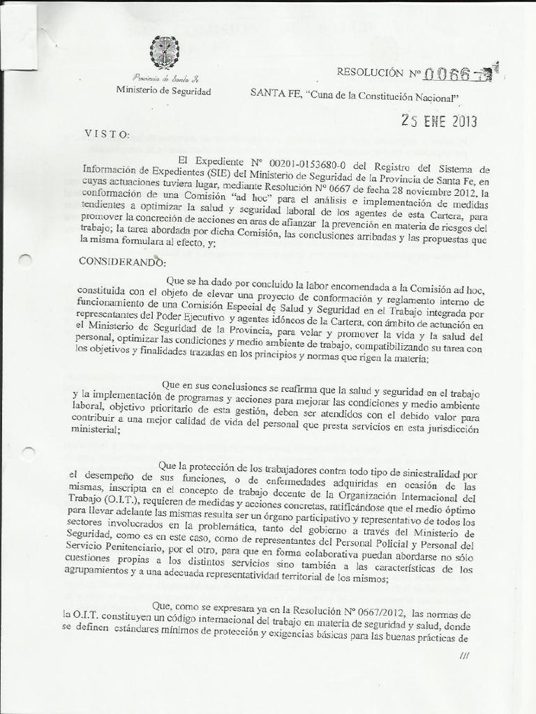 Resolución 066-2013 - Comisión de Salud y Seguridad en El Trabajo para El Personal Policial y ...