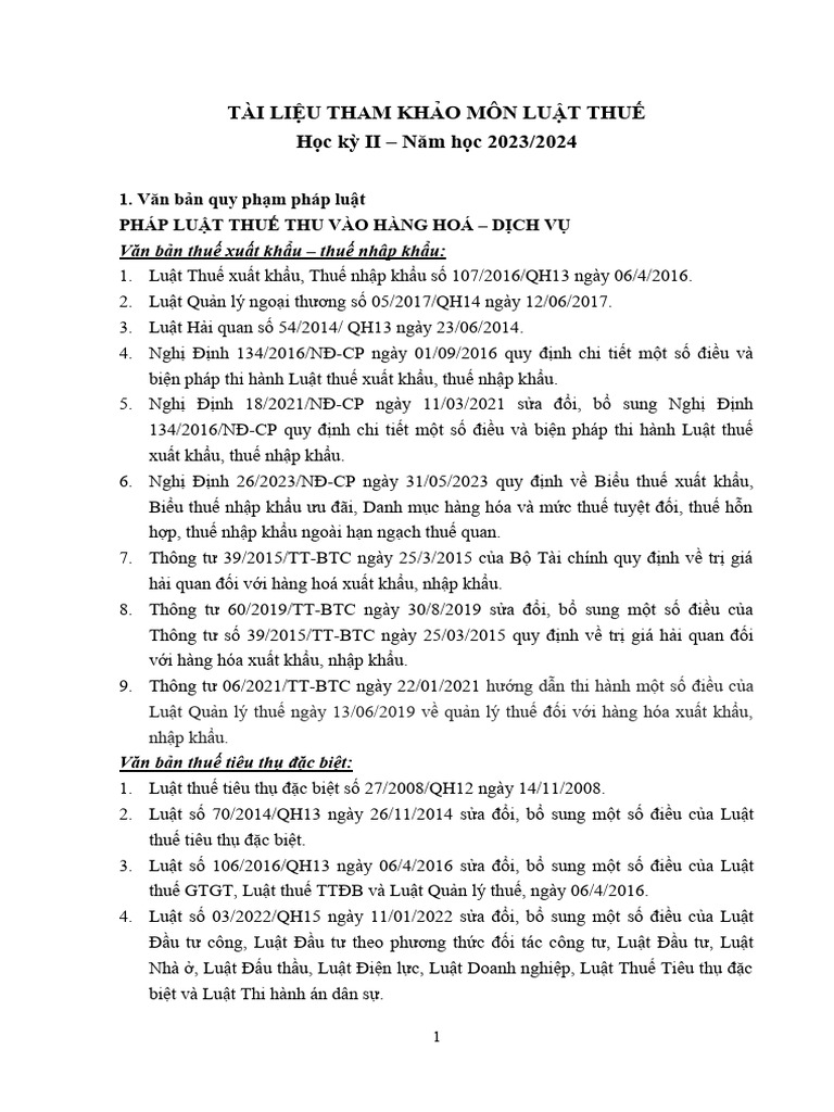 Tai Lieu Tham Khao Mon Luat Thue HK 2 2023 2024 | PDF