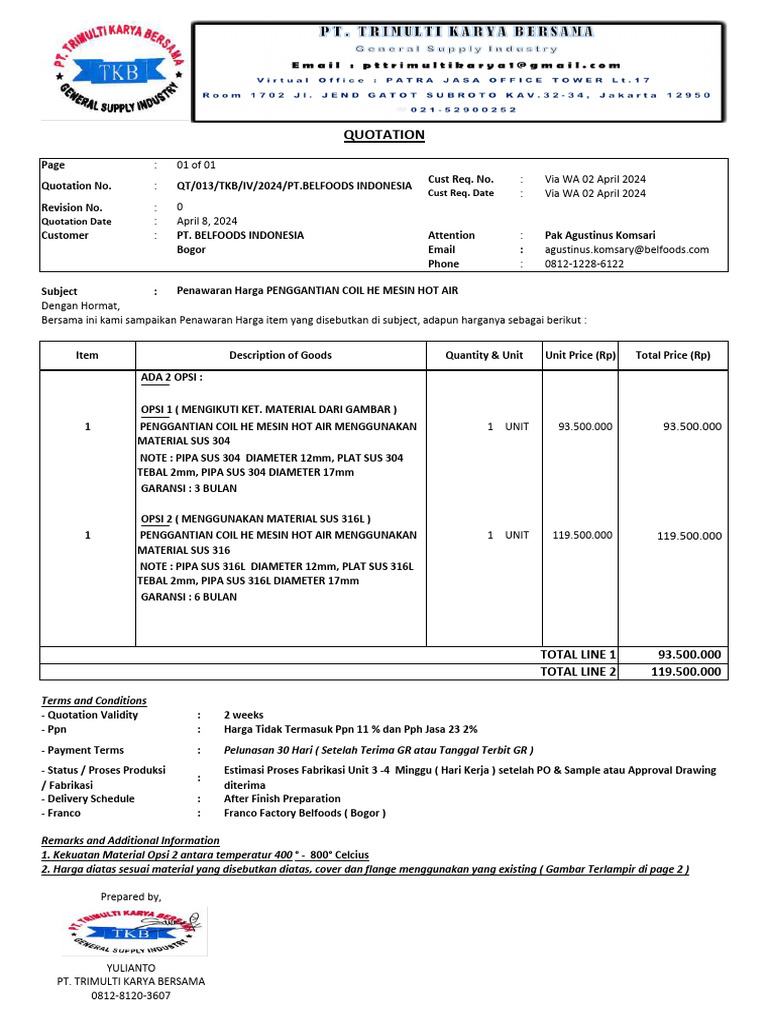 QT-013-TKB-IV-2024-PT.Belfood Indonesia_Penggantian Coil HE Mesin Hot Air With DWG PR | PDF