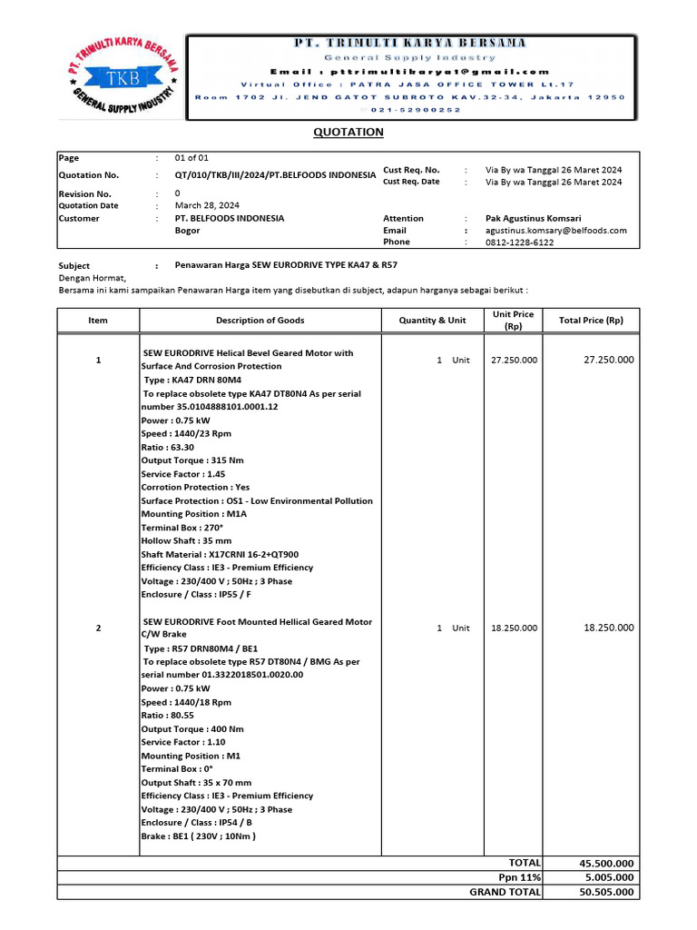 SEW Eurodrive Quotation for PT. Belfoods | PDF | Gear | Machines