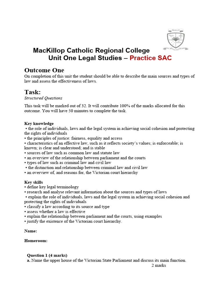 Unit One Outcome 1 Practice SAC | PDF | Precedent | Common Law