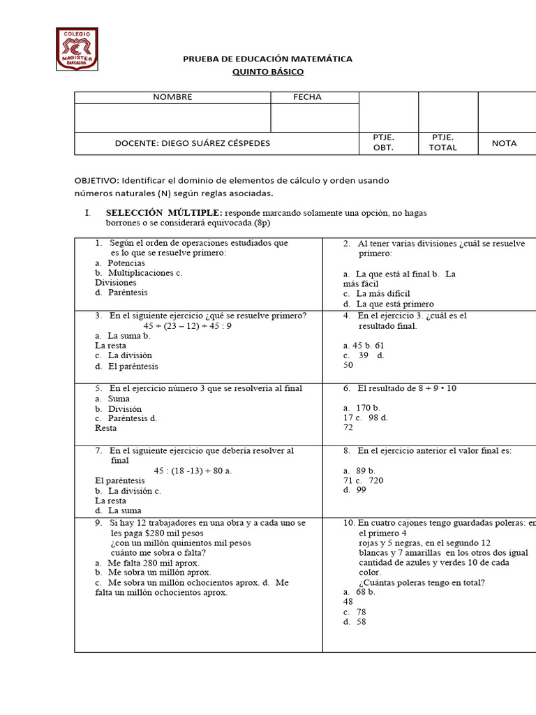 PRUEBAS-FORMATIVA-QUINTO-operaciones-naturales2020 | PDF | Multiplicación | Sustracción