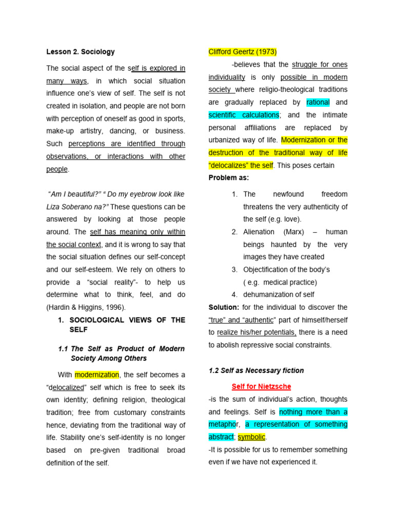 Uts.lesson 2 Sociology | PDF | Self Concept | Self