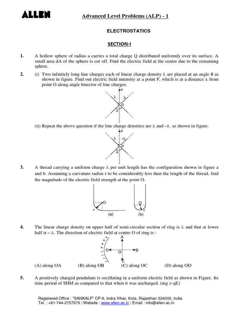ELETROSTATICS - Advanced Level Problems (ALP) - 1 | PDF | Electric Field | Electrostatics