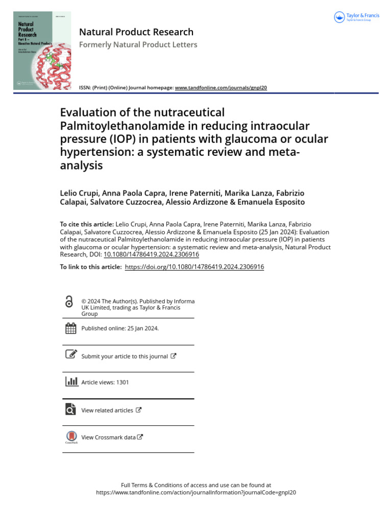 Evaluation of the Nutraceutical Palmitoylethanolamide in Reducing Intraocular Pressure IOP in ...