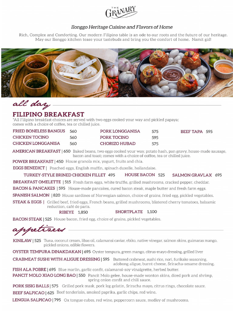 2023 The Granary Menu | PDF
