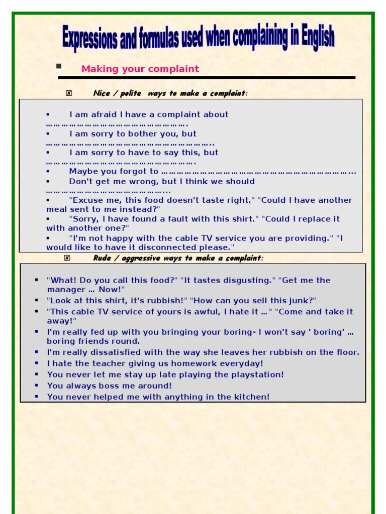 Expressions and Formulas Used When Complaining in English | PDF