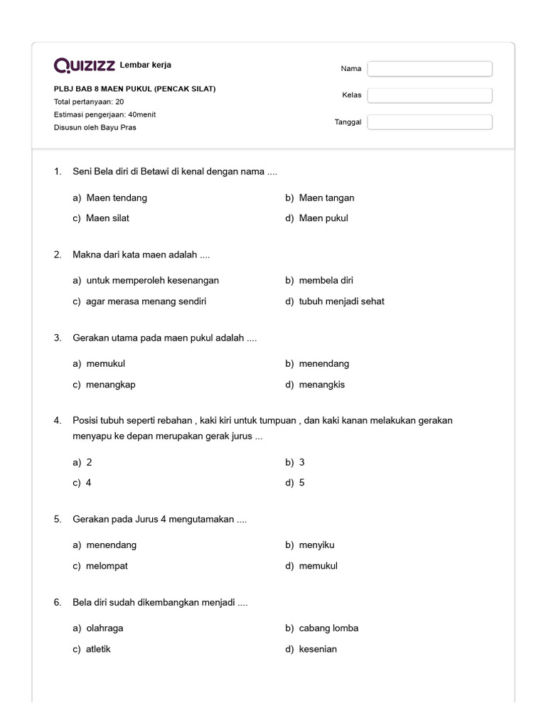 PLBJ BAB 8 MAEN PUKUL (PENCAK SILAT) - Quizizz | PDF