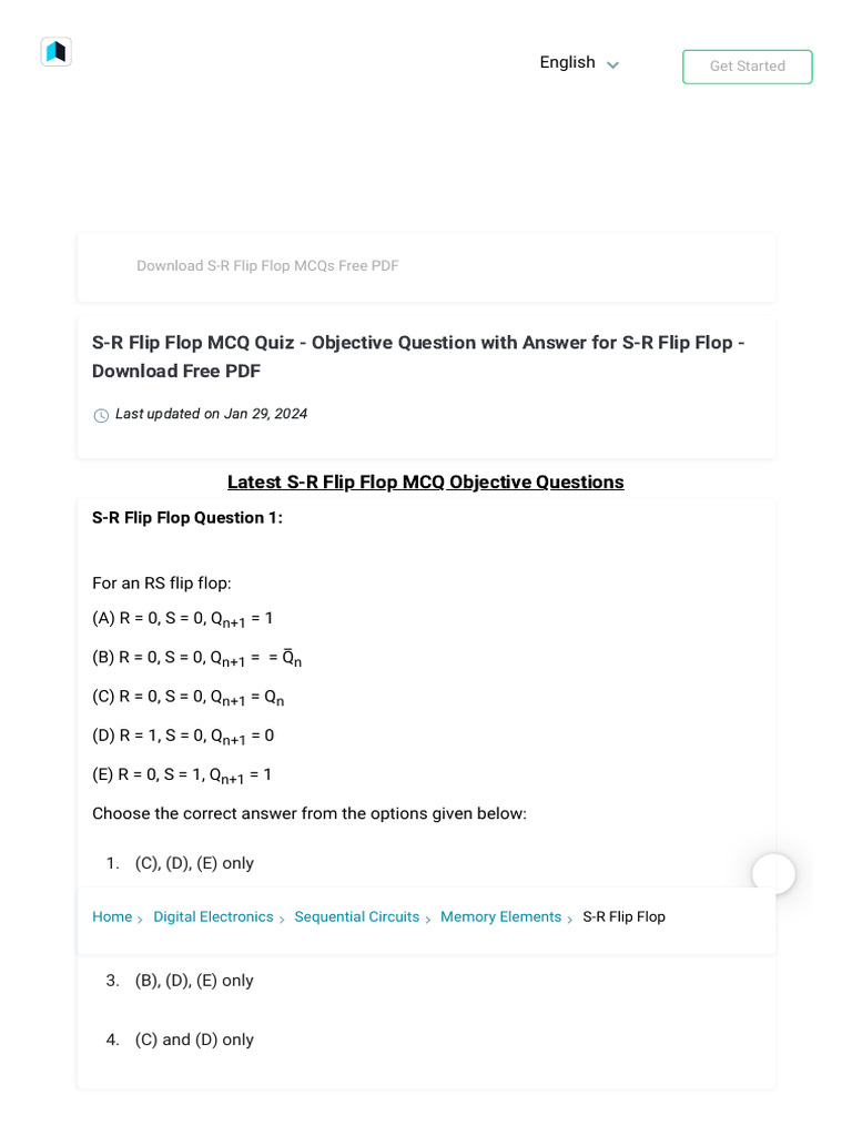S-R Flip Flop MCQs and Solutions | PDF | Electronic Engineering ...