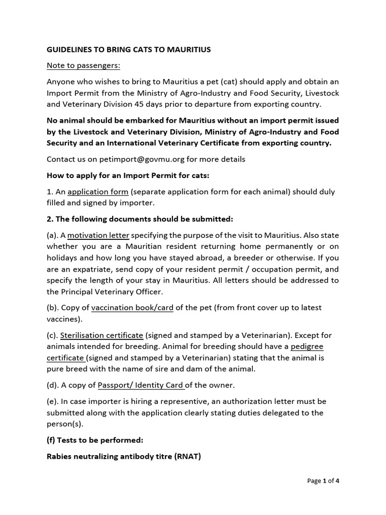 GUIDELINES For Import of Cats Into Mauritius | PDF | Rabies | Animals ...