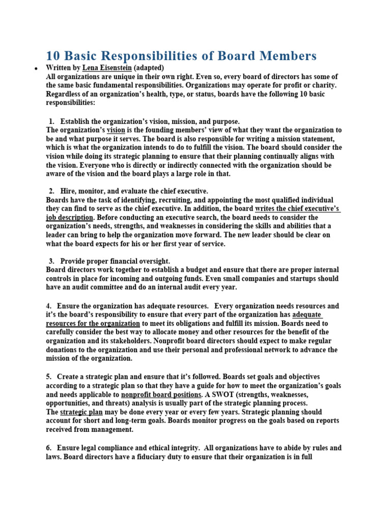 Essential Duties of Board Members | PDF | Strategic Planning | Swot ...