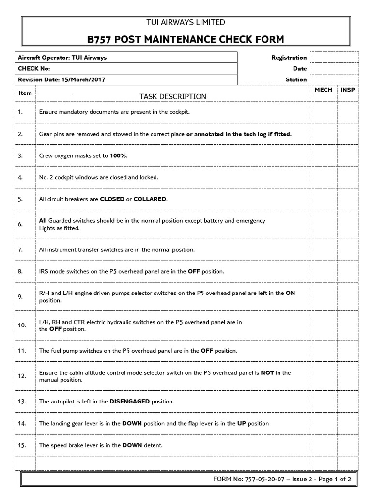 757-05-20-07.Iss2. POST MAINTENANCE CHECK FORM | PDF | Cockpit | Switch