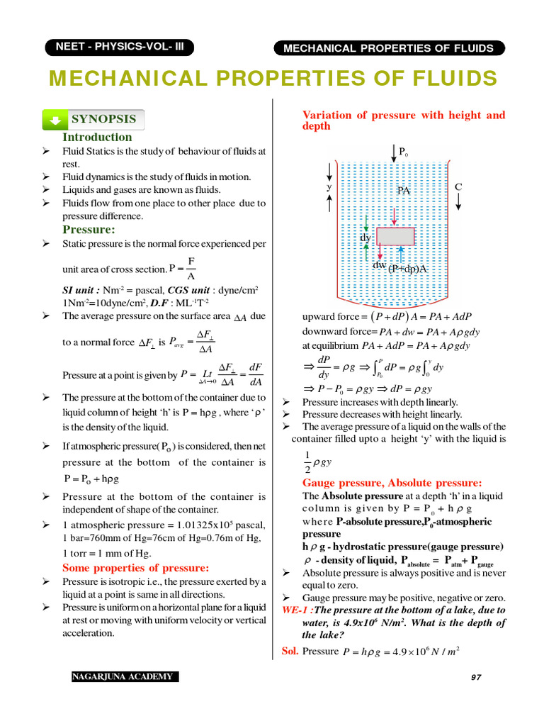 MECHANICAL PROPERTIES OF FLUIDS UPTO LEVEL - II | PDF | Buoyancy | Pressure