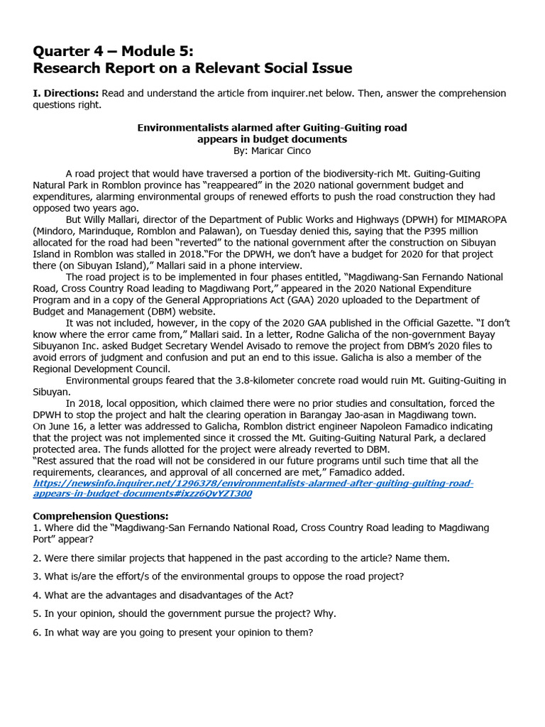 Quarter 4 - Module 5: Research Report On A Relevant Social Issue | PDF ...