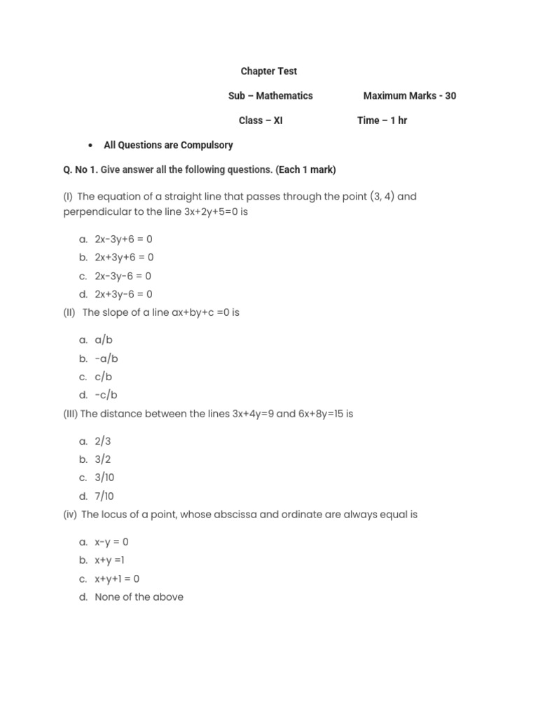 11th Grade Mathematics Chapter Test | PDF