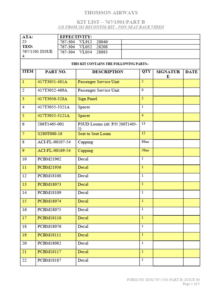 767-1501-Part B - Kit List | PDF