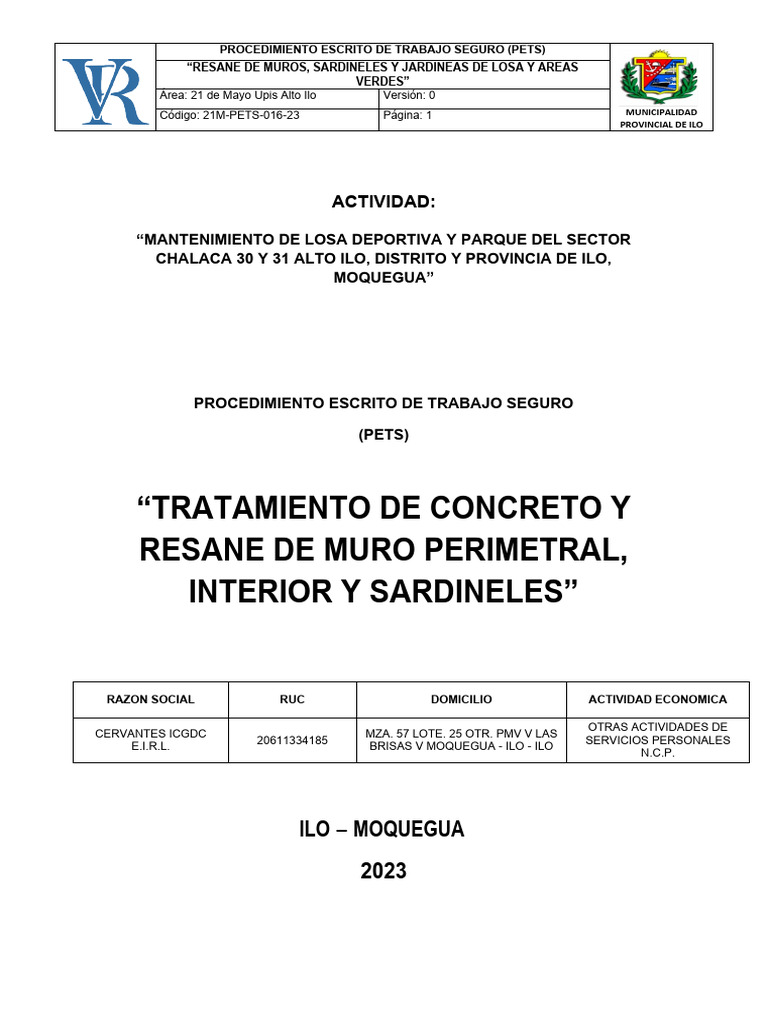 Resane de Muros y Seguridad en PETS | PDF | Perforar | Hormigón