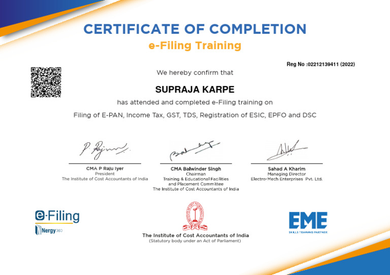 e-Filing Training Completion Certificate | PDF