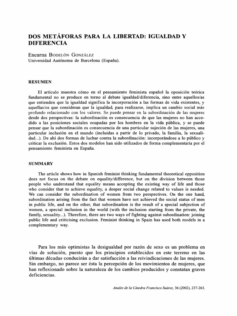 Igualdad y Diferencia en el Feminismo | PDF | Estudios de género ...