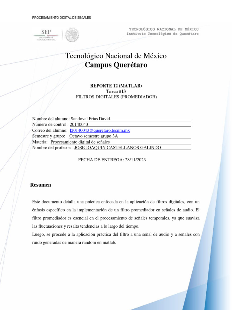 Tarea 13 - Sandoval Frias David | PDF | Filtro electronico | Circunvolución
