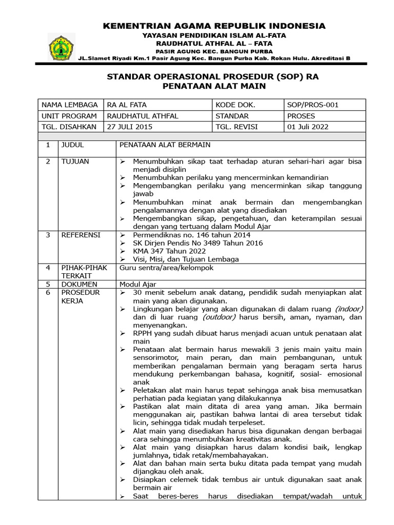 1 Sop Paud Penataan Alat Main | PDF | Karier & Perkembangan | Kesehatan Holistik