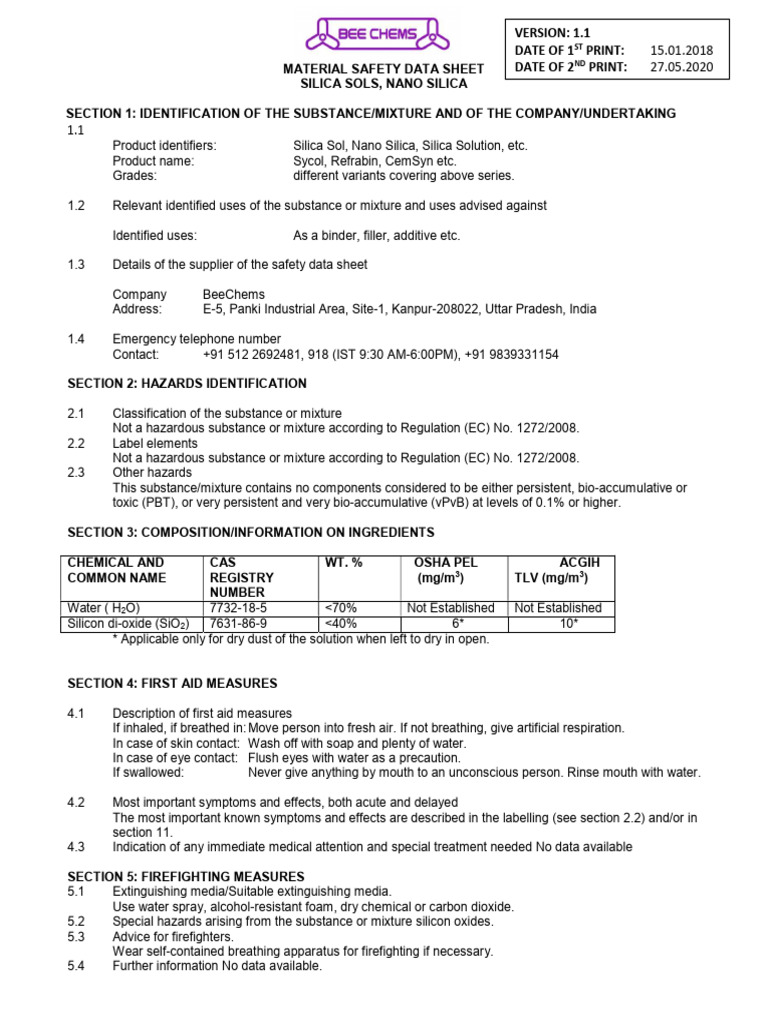 Nano Silica Material Safety Data Sheet | PDF | Chemical Substances ...