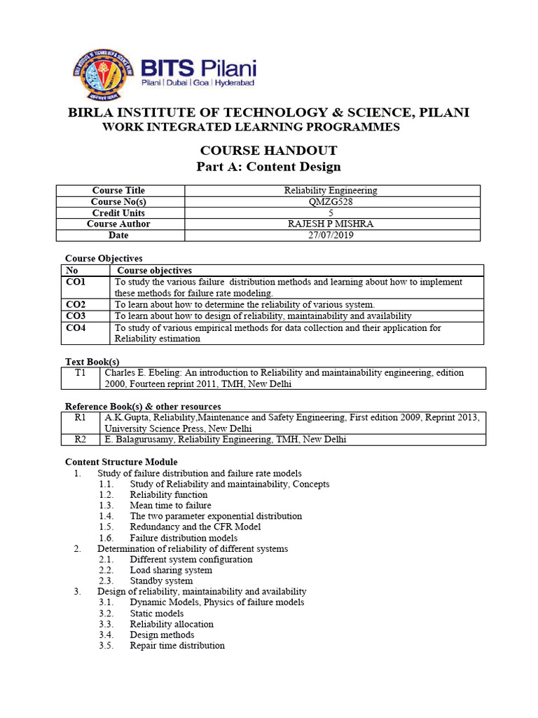 QM ZG528 Course Handout | PDF | Reliability Engineering