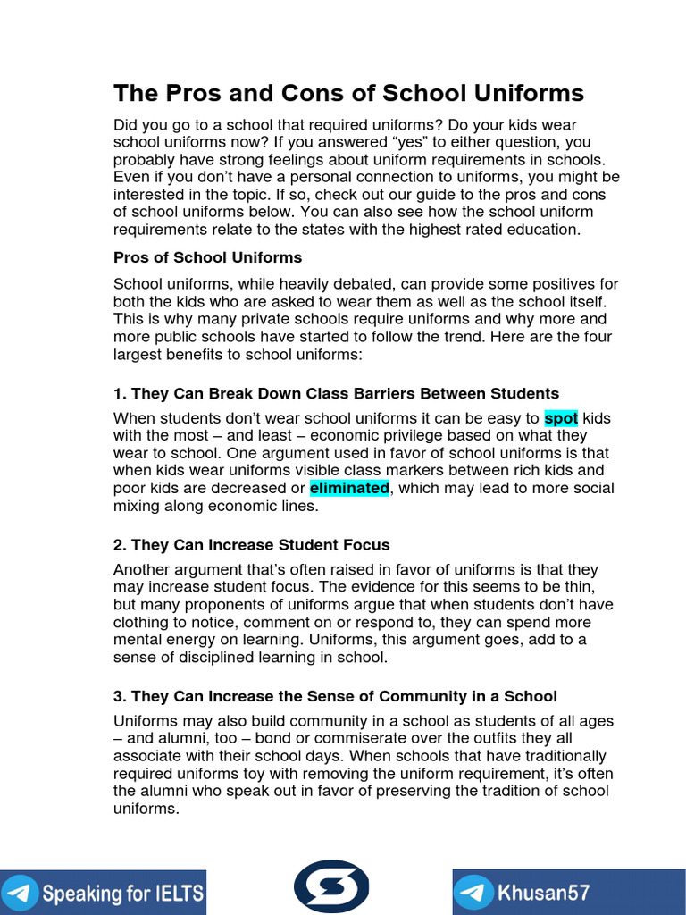 Pros and Cons of School Uniforms | PDF | Clothing