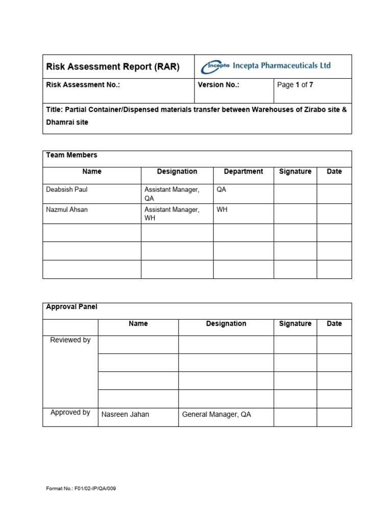 RAR Form | PDF | Risk | Risk Assessment