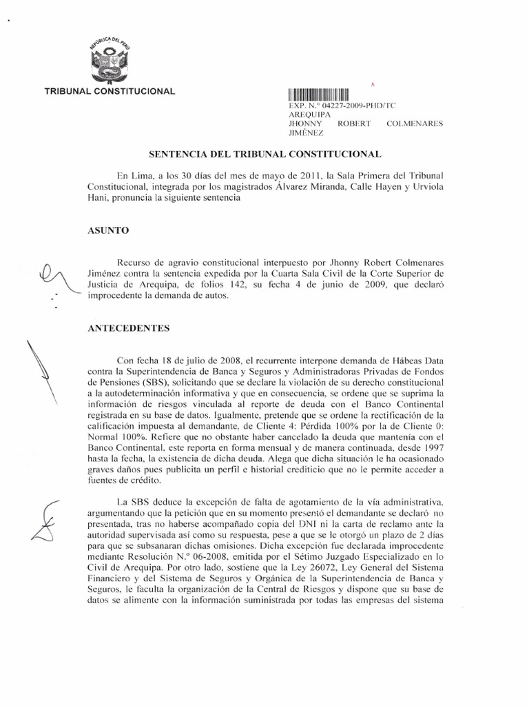 Tribunal Constitucional Del Perú. (2011) - STC Exp. 04227-2009-Hd-tc ...