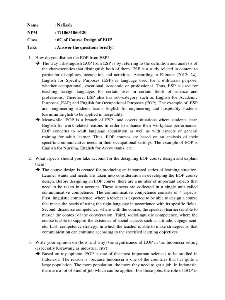 Nafisah's Answers of Midterm Test (Course Design of EOP) | PDF ...