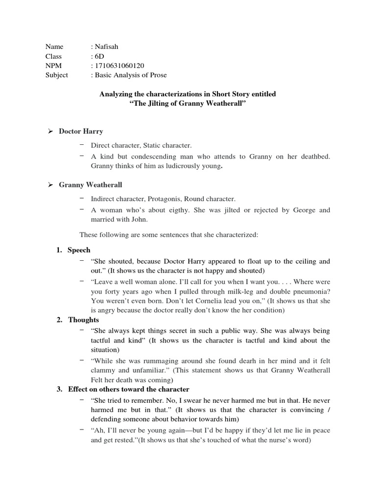 Character Analysis in "The Jilting of Granny Weatherall" | PDF