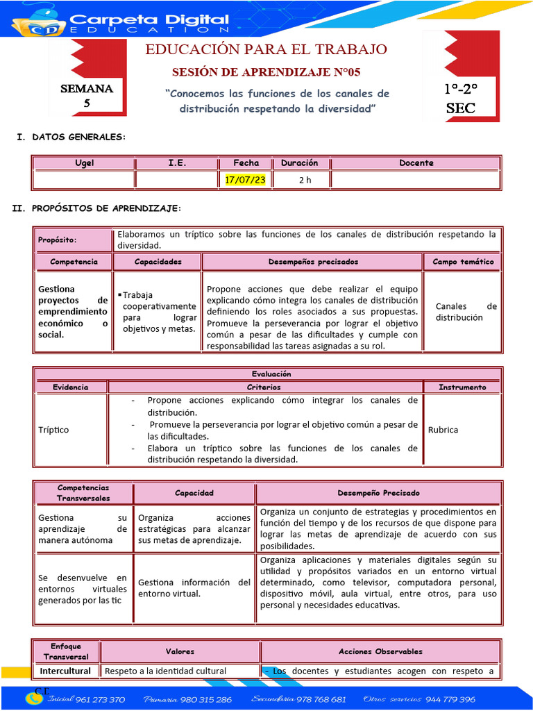 1°-2°- SESIÓN DE APRENDIZAJE SESIÓN 5-SEM.5-EXP.4-EDUCACION PARA EL TRABAJO | PDF | Aprendizaje ...