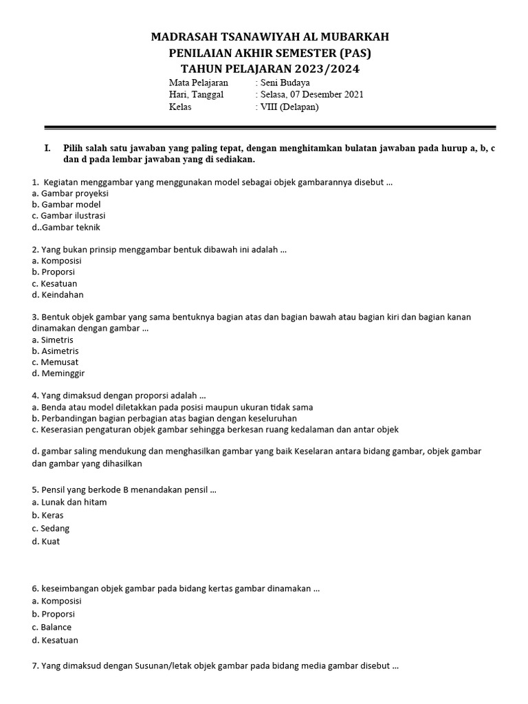 Soal Pas Seni Budaya Kelas 8 | PDF | Seni & Disiplin Bahasa | Griya & Taman