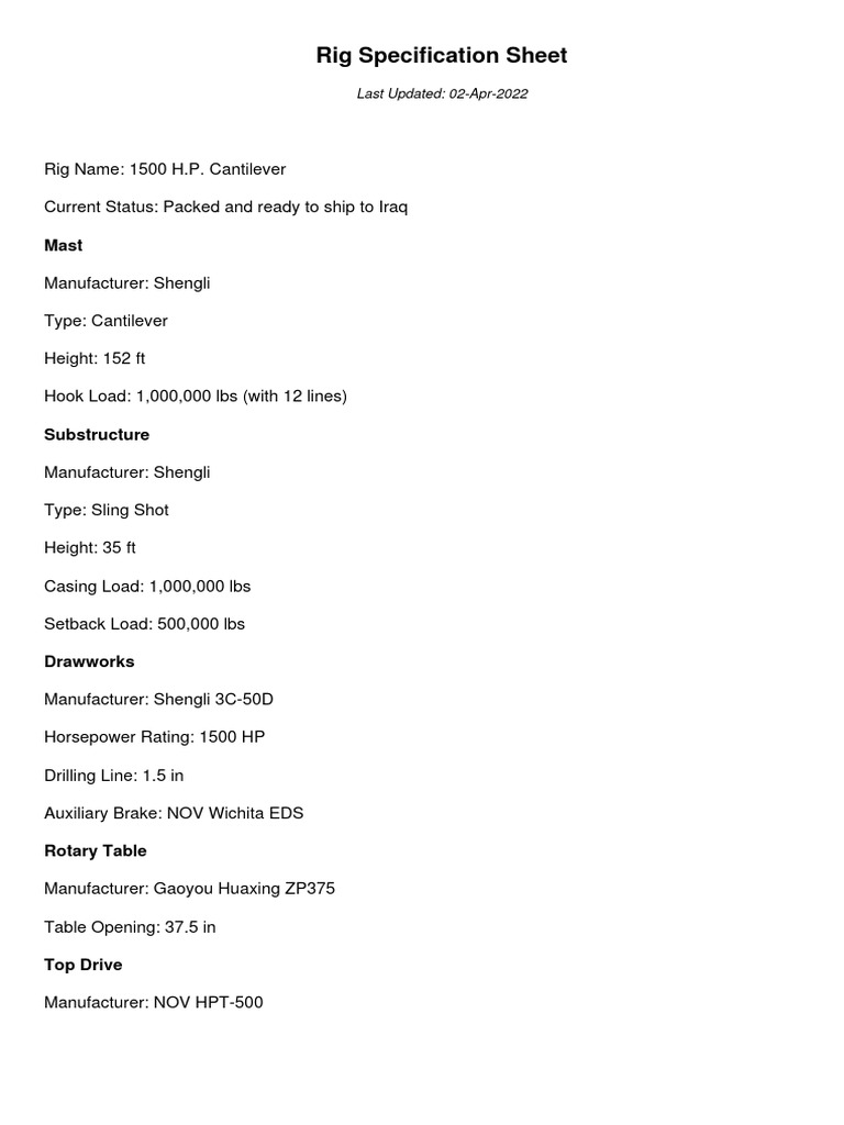 Rig Specification Sheet | PDF | Technology & Engineering