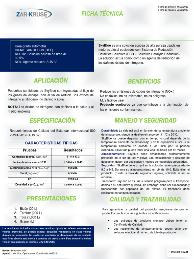 Ficha Tecnica Urea Automotriz SkyBlue | PDF | Química | Sustancias químicas