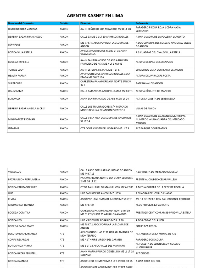 Agentes Kasnet Lima Provincia | PDF
