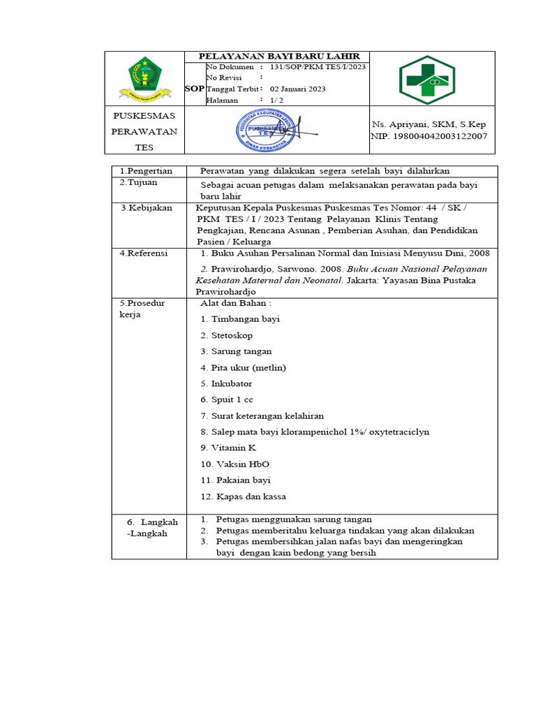 Sop Pelayanan Bayi Baru Lahir | PDF