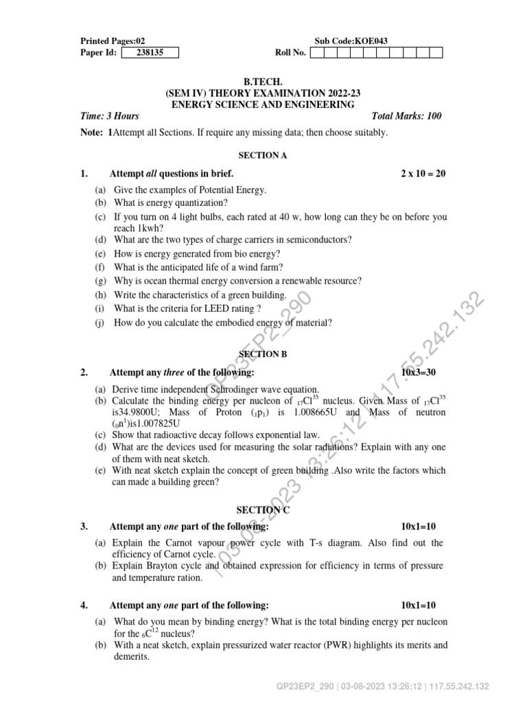 Btech Oe 4 Sem Energy Science and Engineering Koe 043 2023 | PDF | Radioactive Decay | Atomic ...