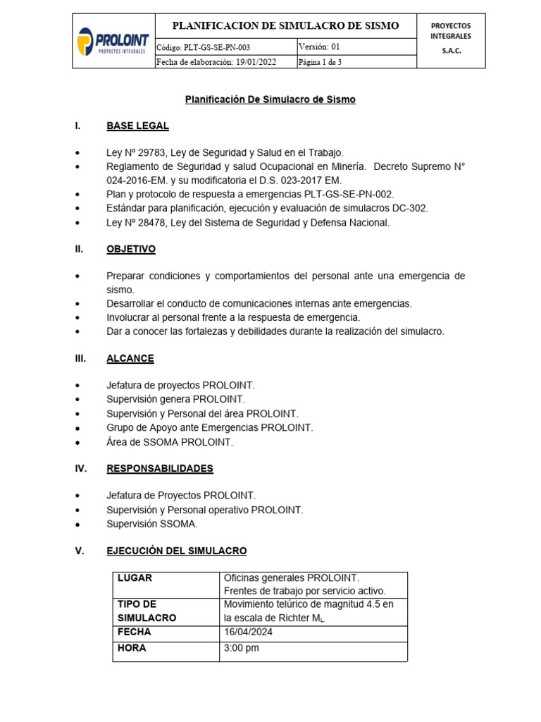 Planificación de Simulacro de Sismos PLT-GS-SE-PN-003 | PDF | Planificación Planificación de Simulacro de Sismos PLT-GS-SE-PN-003 | PDF | Planificación