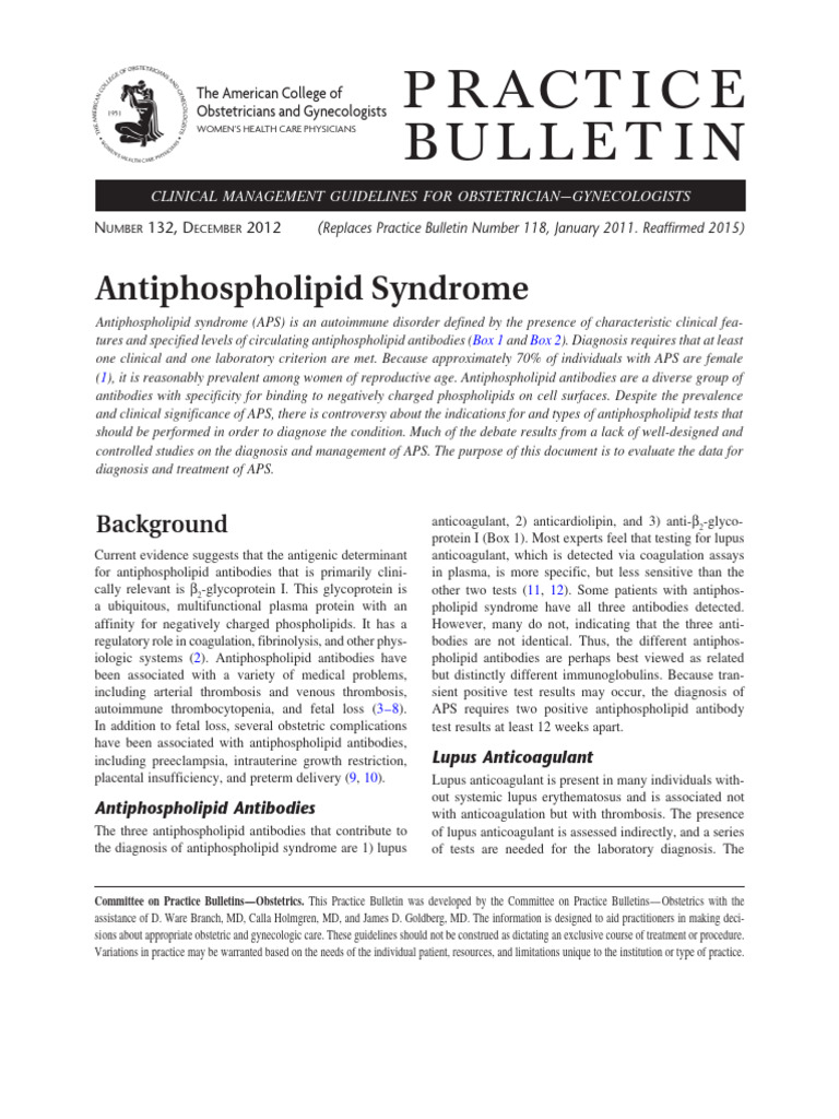 Antiphospholipid Syndrome Diagnosis Guide | PDF | Thrombosis | Medical ...