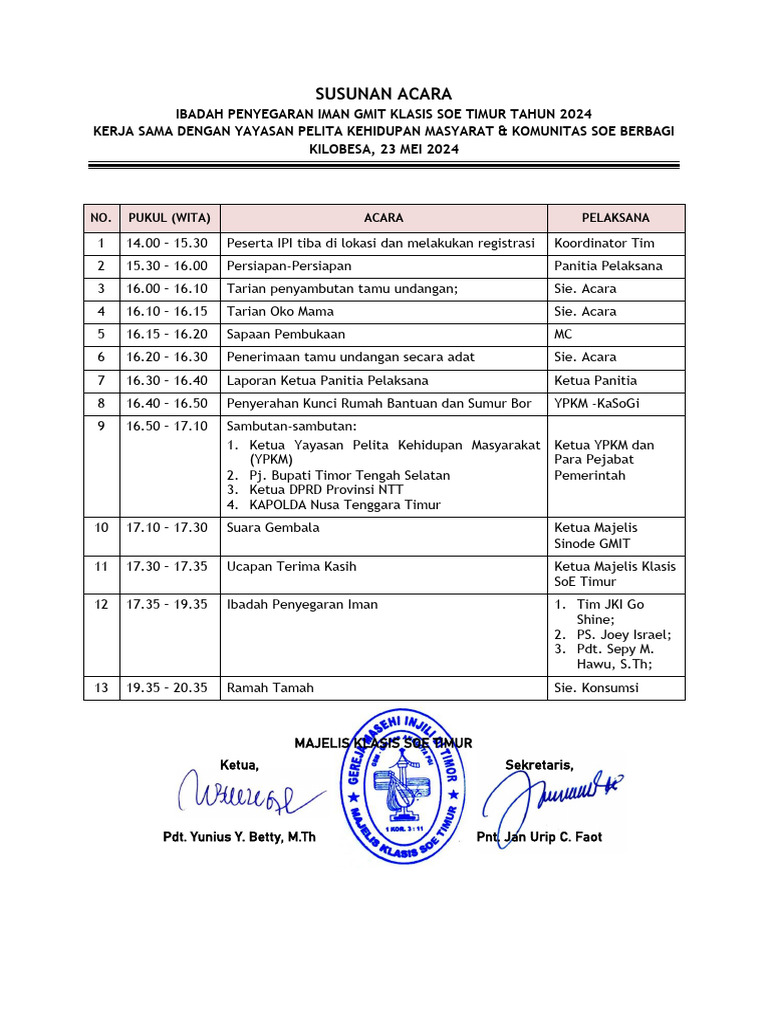 Susunan Acara Ipi 2024 Gmit Klasis Soe Timur | PDF