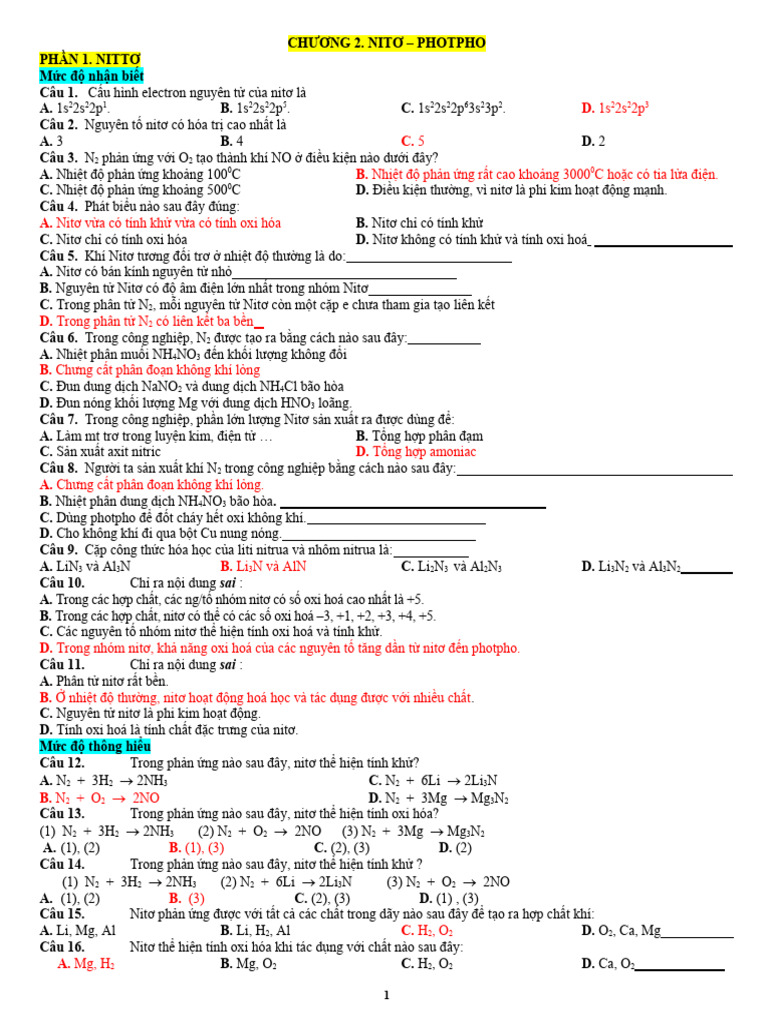 Trắc Nghiệm LT-BT Chương Nito - Photpho | PDF