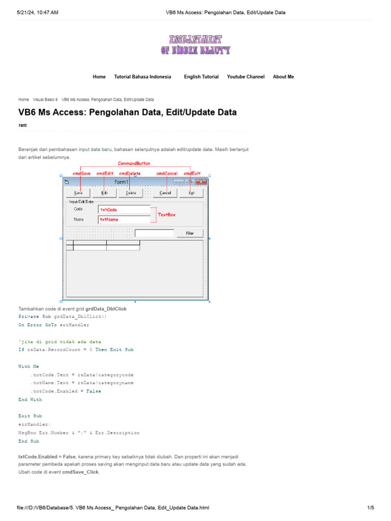 VB6 Ms Access - Pengolahan Data, Edit - Update Data | PDF