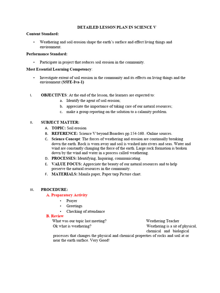 Detailed Lesson Plan V Science | PDF | Erosion | Soil