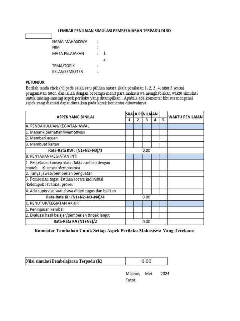 Lembar Penilaian Simulasi Pembelajaran | PDF