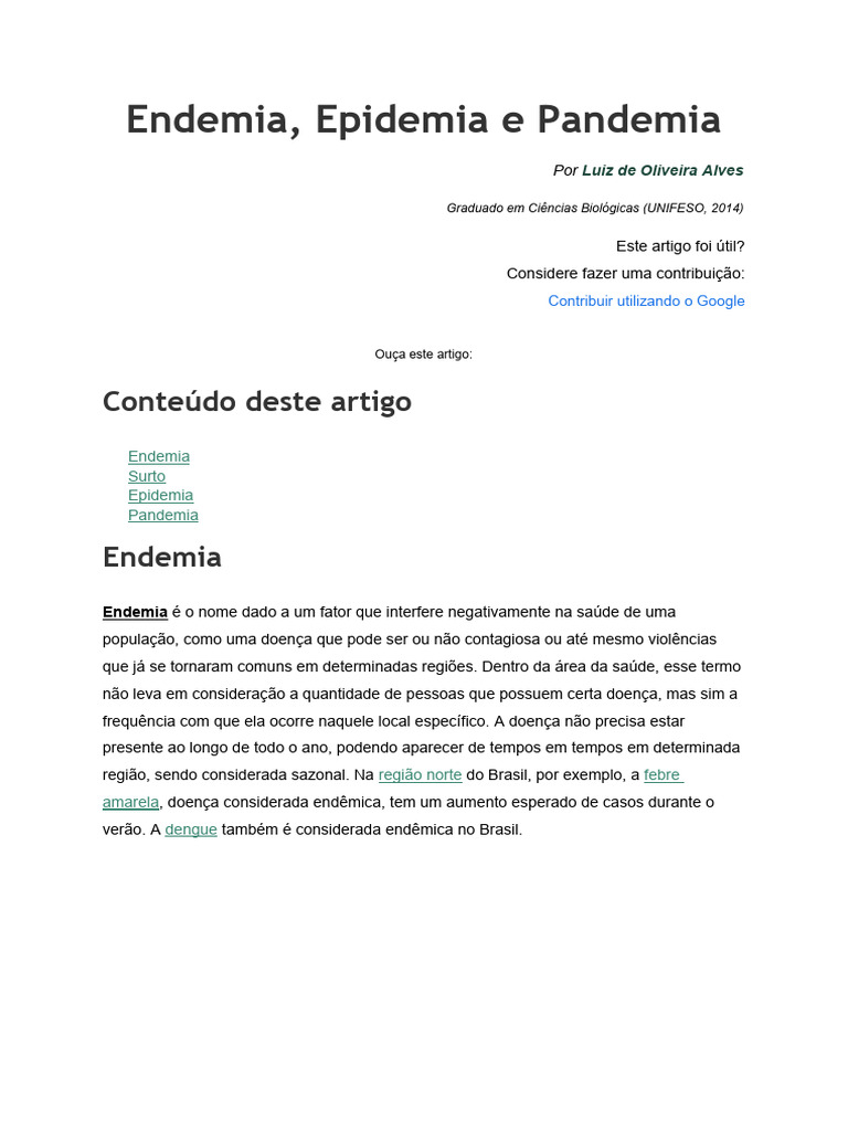 Diferenças entre Endemia, Epidemia e Pandemia | PDF | Peste negra ...